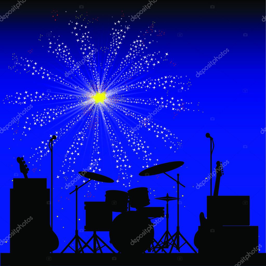 Silueta de un equipo de bandas de rock en el escenario como un cartel con el fondo del cohete ...