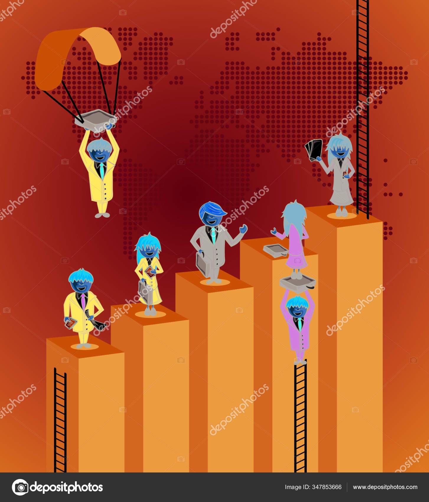 Teamwork World Map Business People Ladders Concept Vector File Layered ...