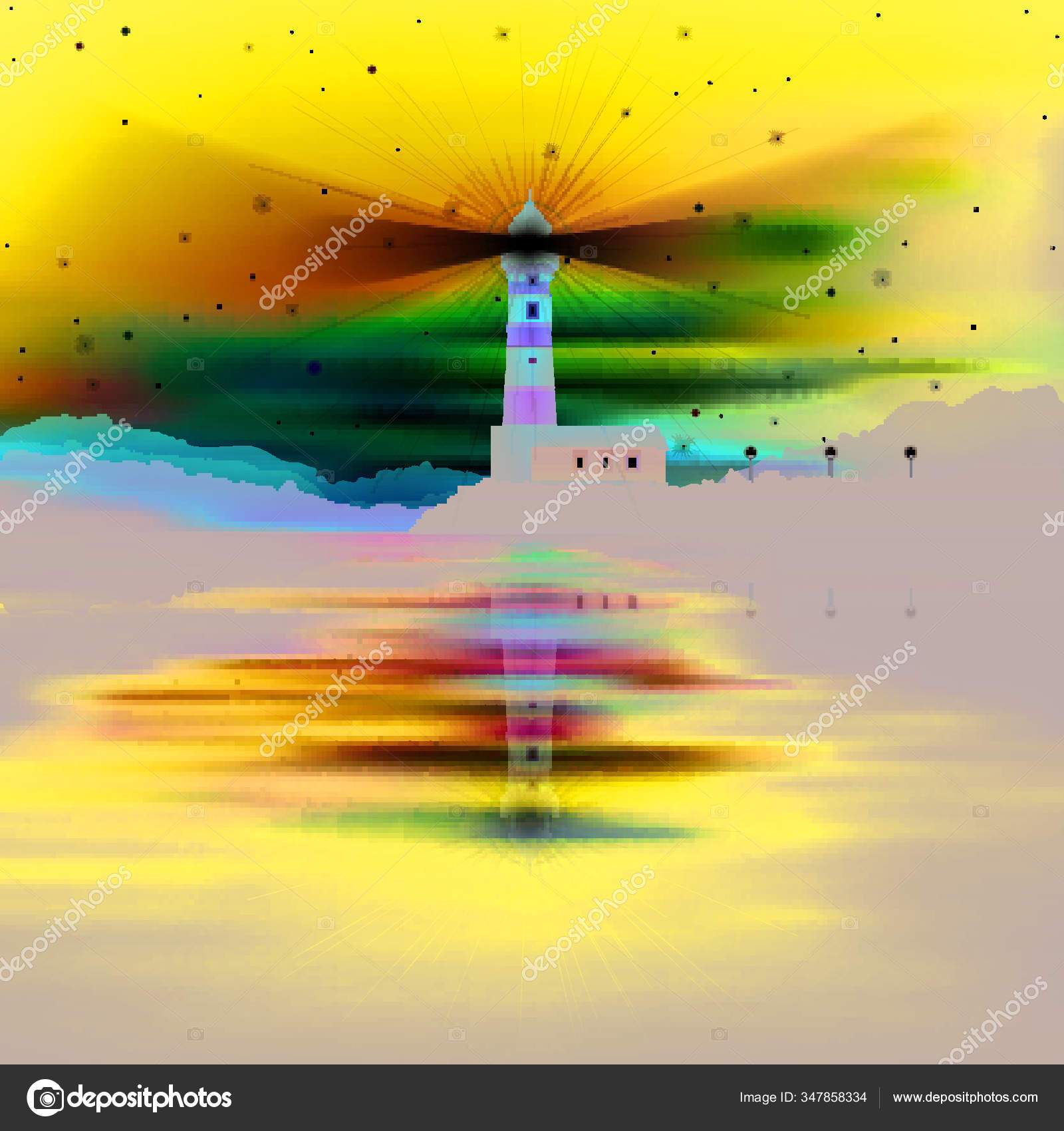 Abstract Blue Background Lighthouse Mountains Sunrise Stock Vector by ...