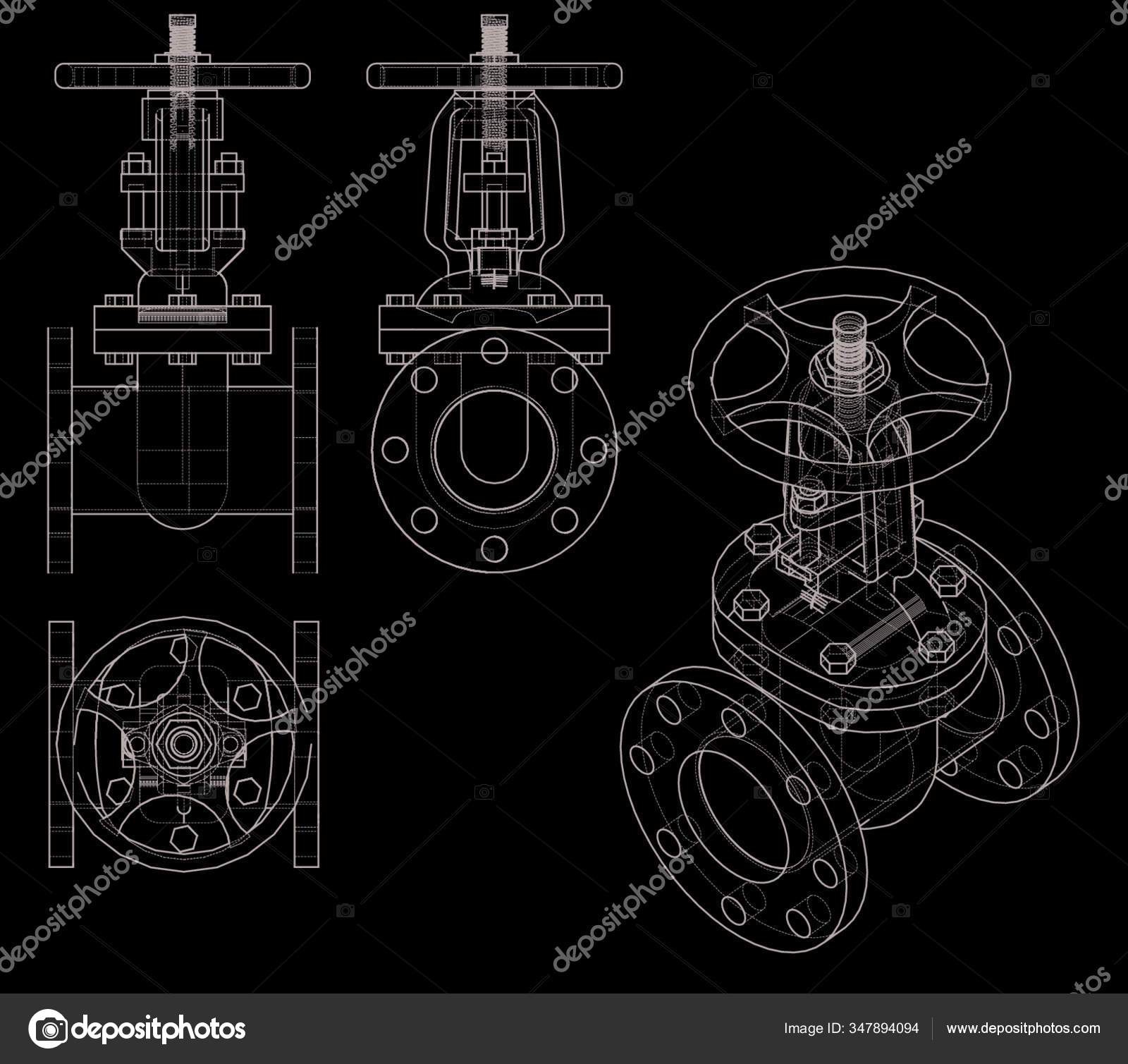 Industrial Valve Outline Vector Rendering Wire Frame Style Layers ...