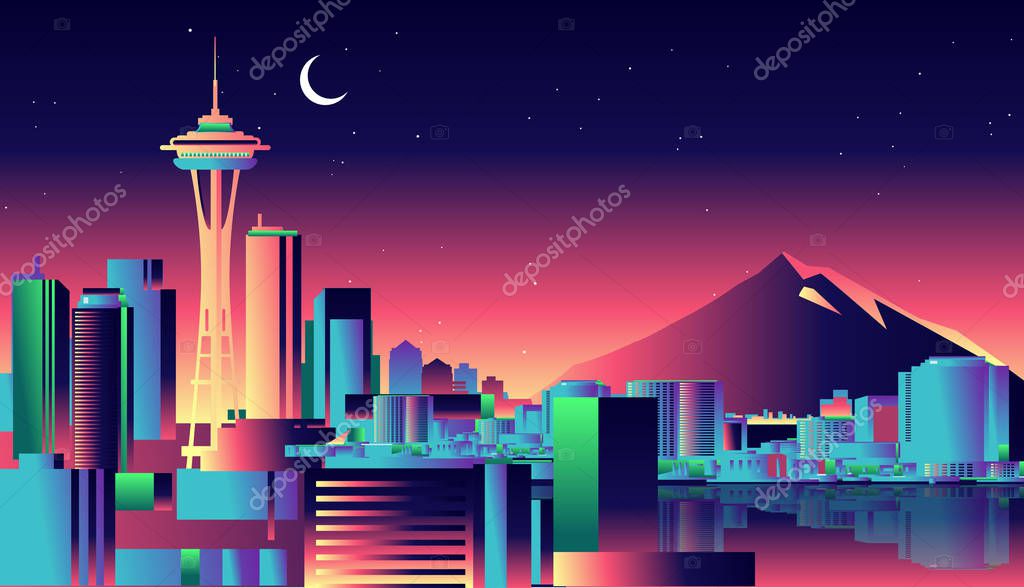 Seattle moonlight Skyline — Stock Vector © mauromod #129287230