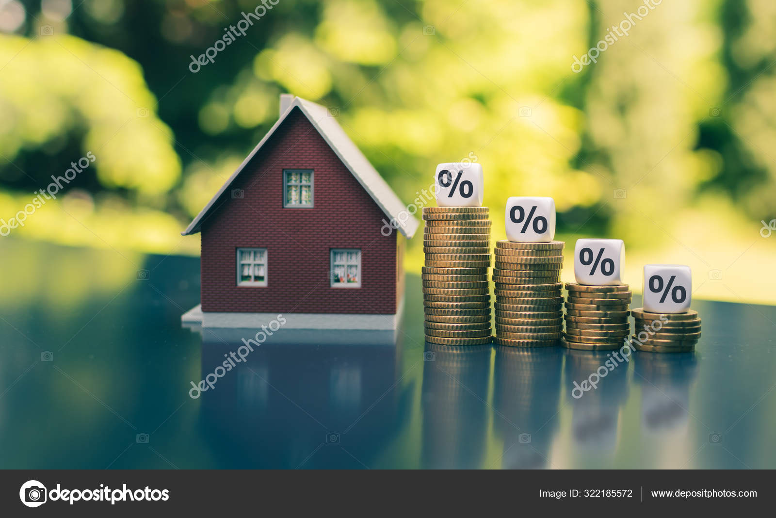 Symbol for decreasing interest rates. Dice with percentage symbo ...