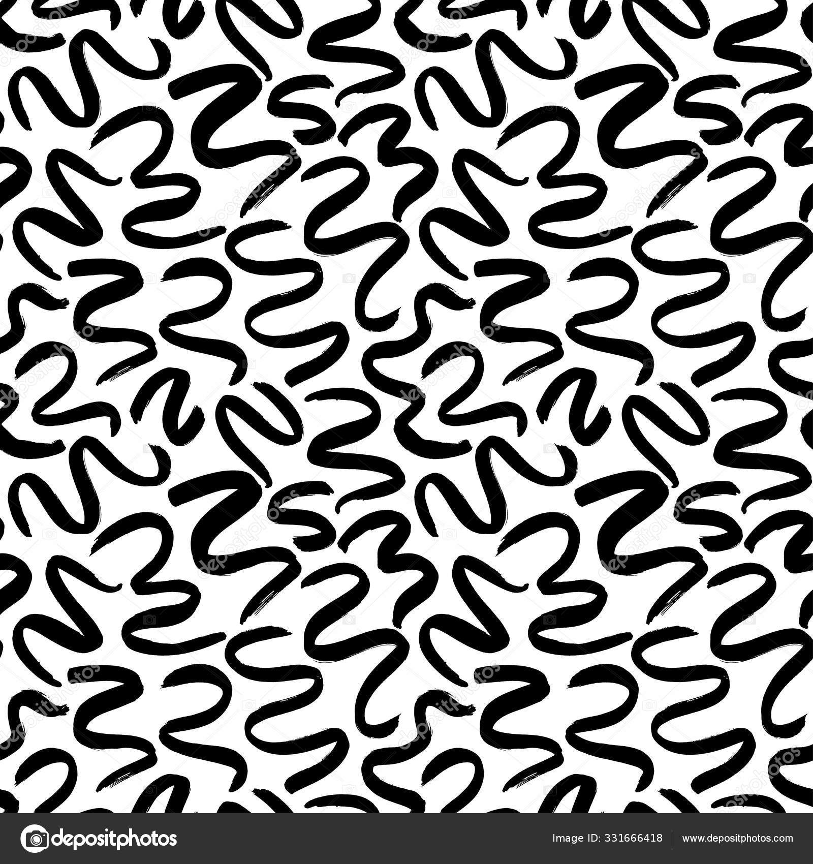 Brush curved and wavy lines vector seamless pattern. Repeating abstract background with chaotic ...