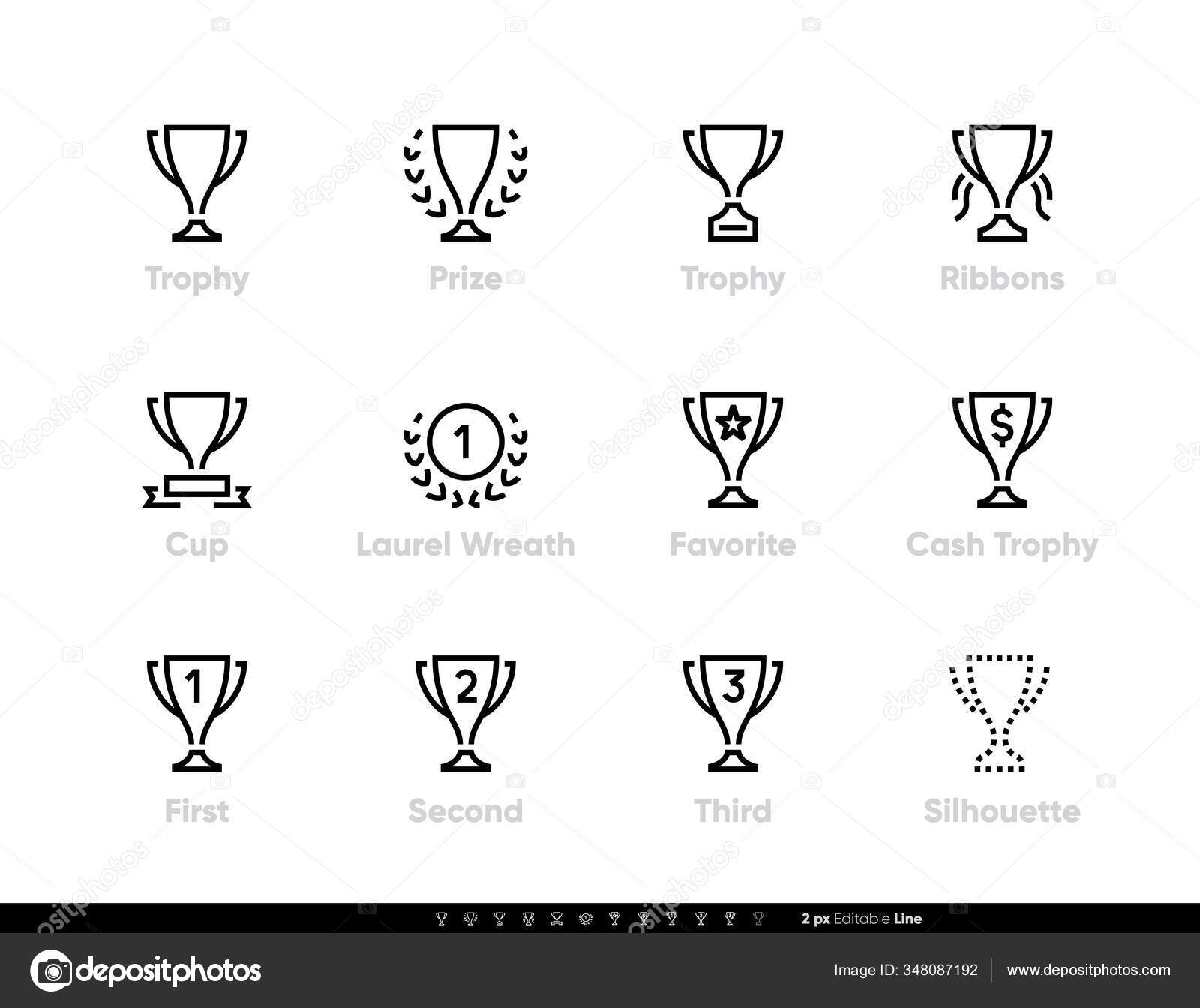 Trophy Cup icons vector set. Awards with Ribbons. Editable line set on ...