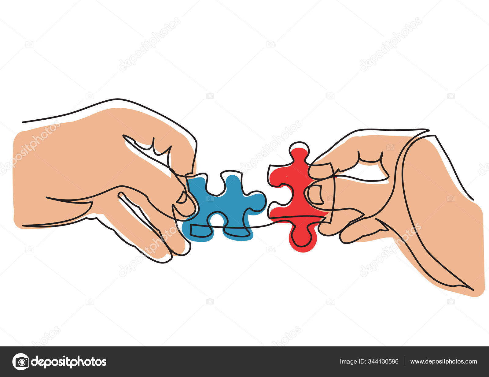 Continuous Line Drawing Hands Solving Jigsaw Puzzle Vector Illustration ...