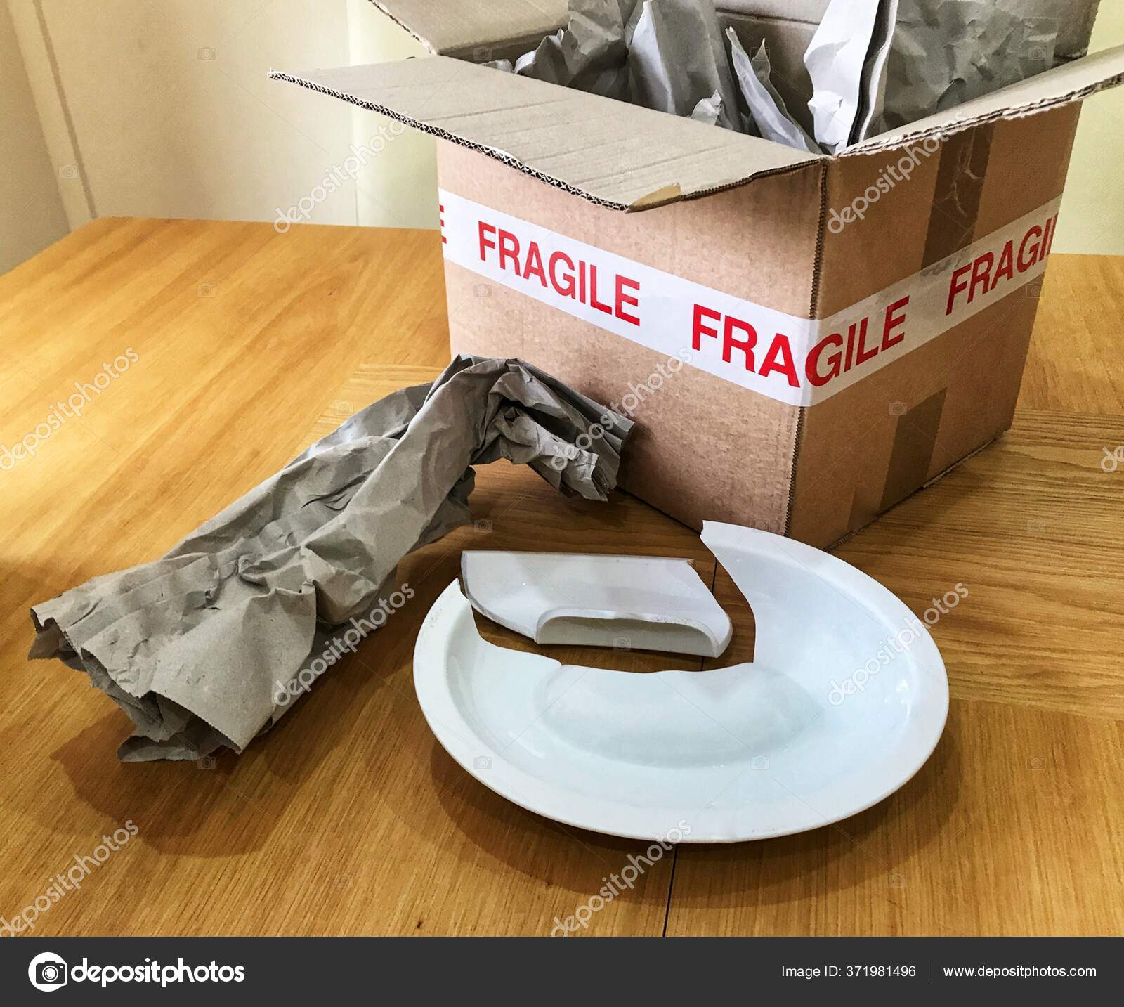 Open Cardboard Box Marked Fragile Paper Packing Broken China Dish Stock ...