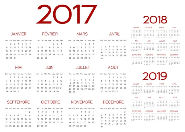 French 2016 2017 and 2018 year vector calendar — Stock Vector ...