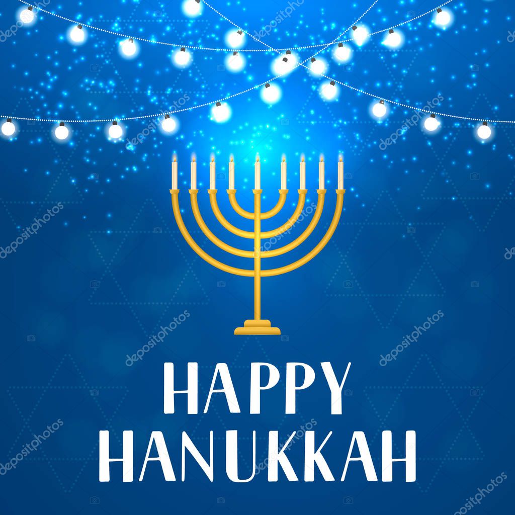 Feliz Hanukkah letras de la mano con luces de cadena y vela menorah ...