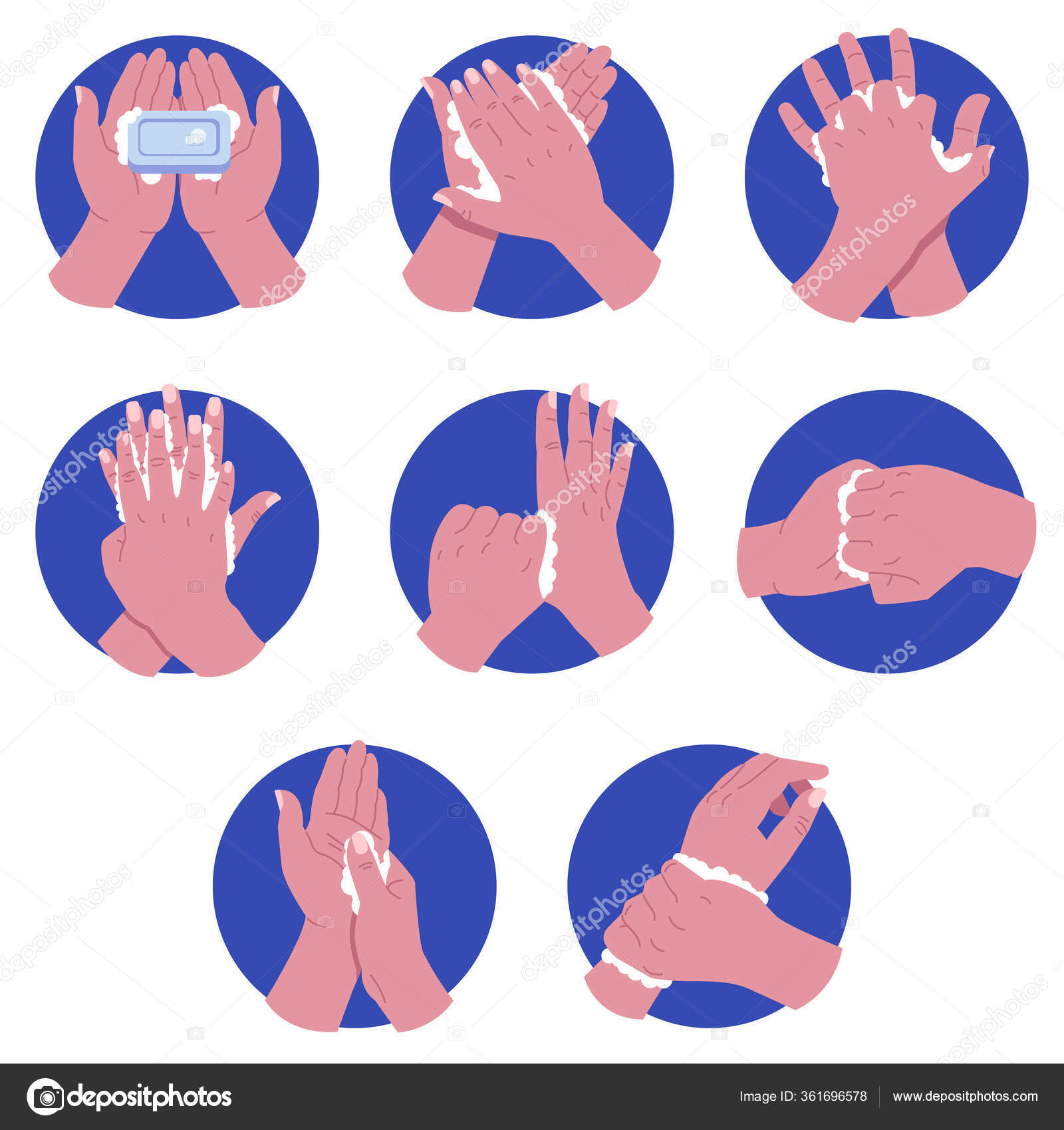 Hands Washing Steps Vector Illustration Set Hand Hygiene Prevention ...