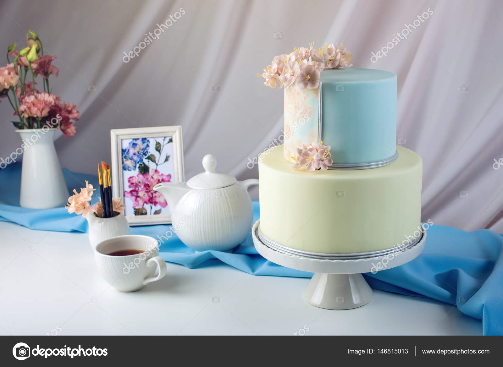 Spring morning still life cake in pastel colours with flowers Stock ...