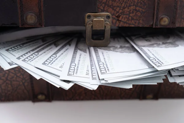 vintage open chest with lots of money dollar bills. Concept of wealth ...