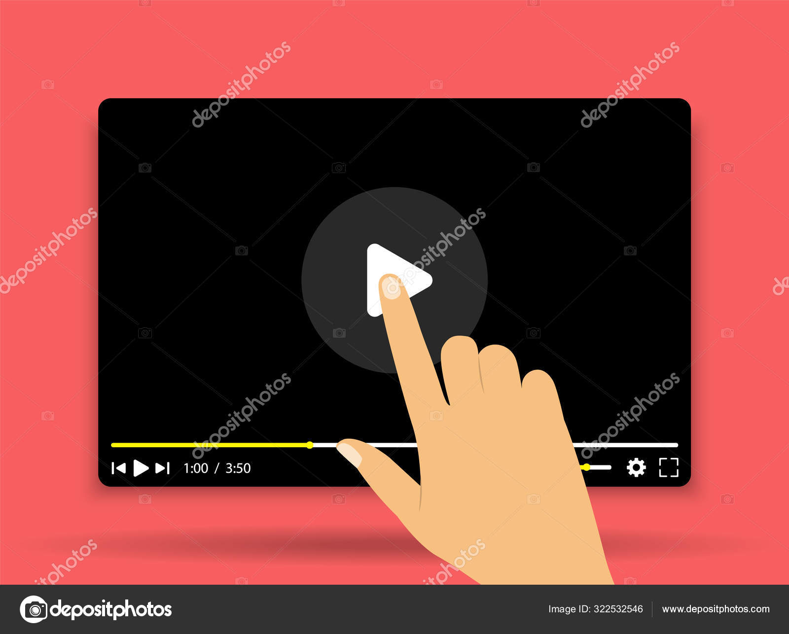 Video tutorials. Video player. Hand clicks on the start button. Stock ...