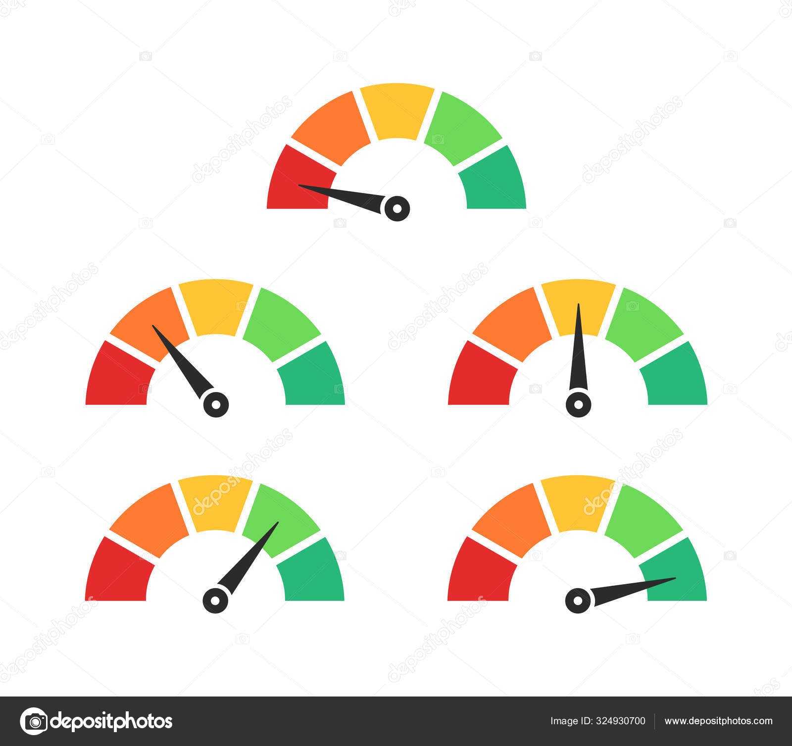 Speed metering icon. Speedometer with arrow. Set of low to high power ...