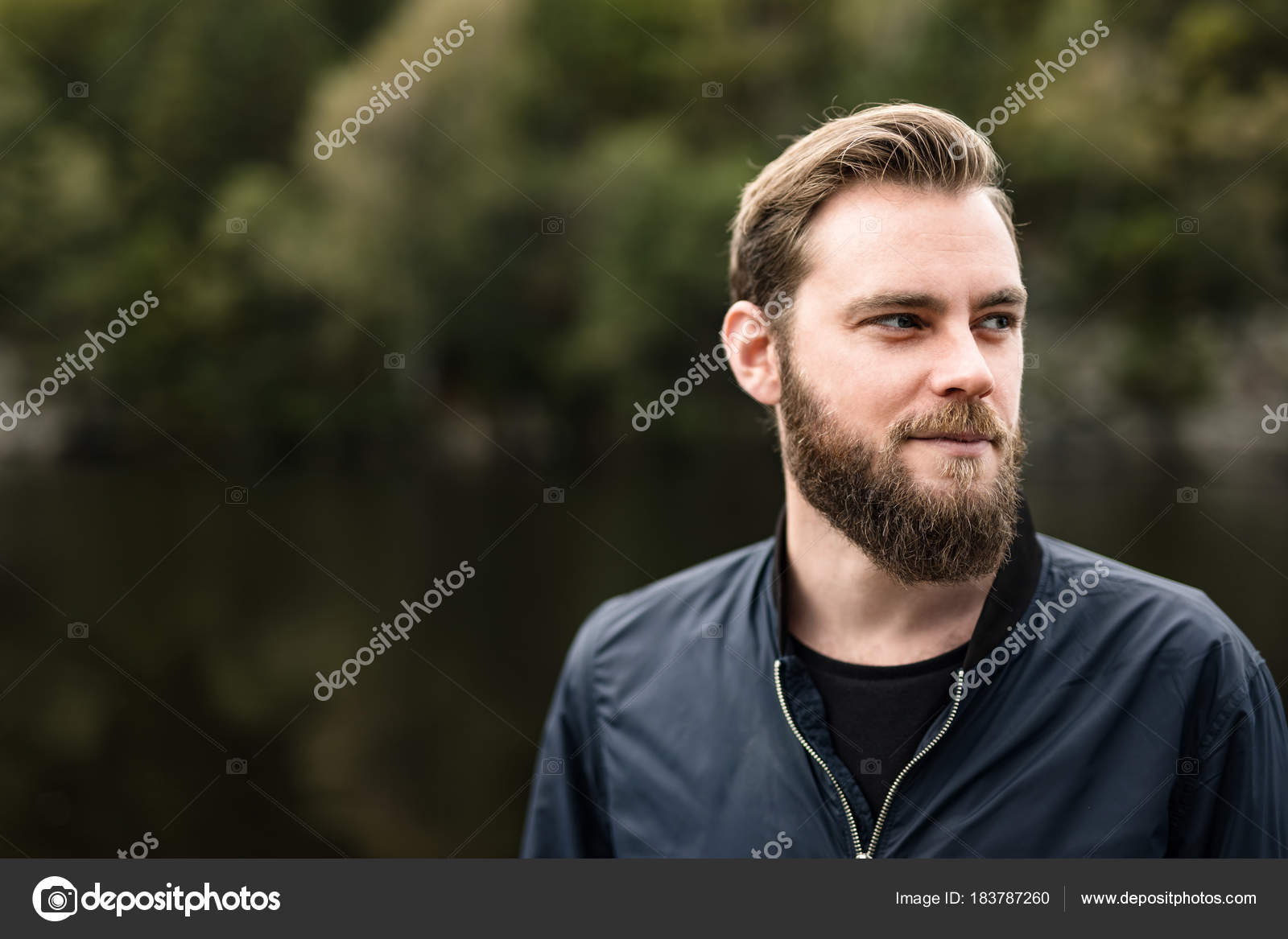 One Bearded Man Wearing Blue Jacket Standing Front Lake Trees Stock ... One Bearded Man Wearing Blue Jacket Standing Front Lake Trees Stock ...