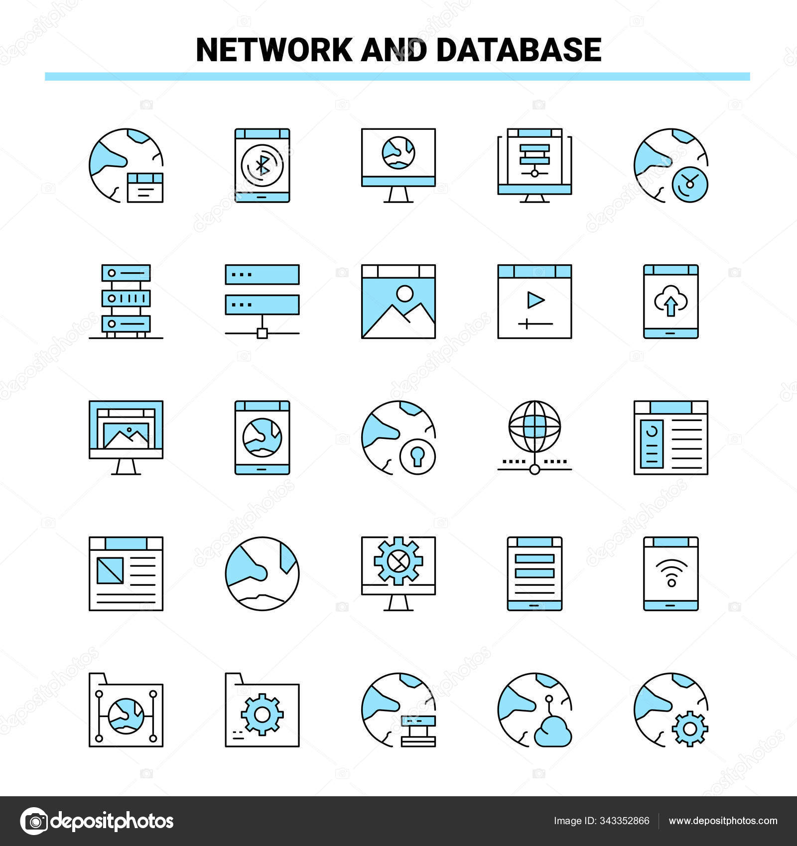 25 Network And Database Black and Blue icon Set. Creative Icon D Stock ...