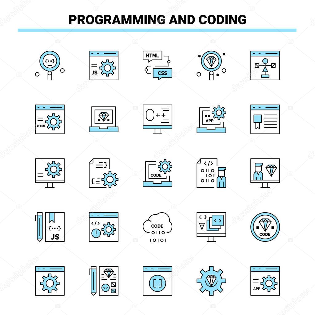 25 Conjunto de iconos de programación y codificación en negro y azul ...
