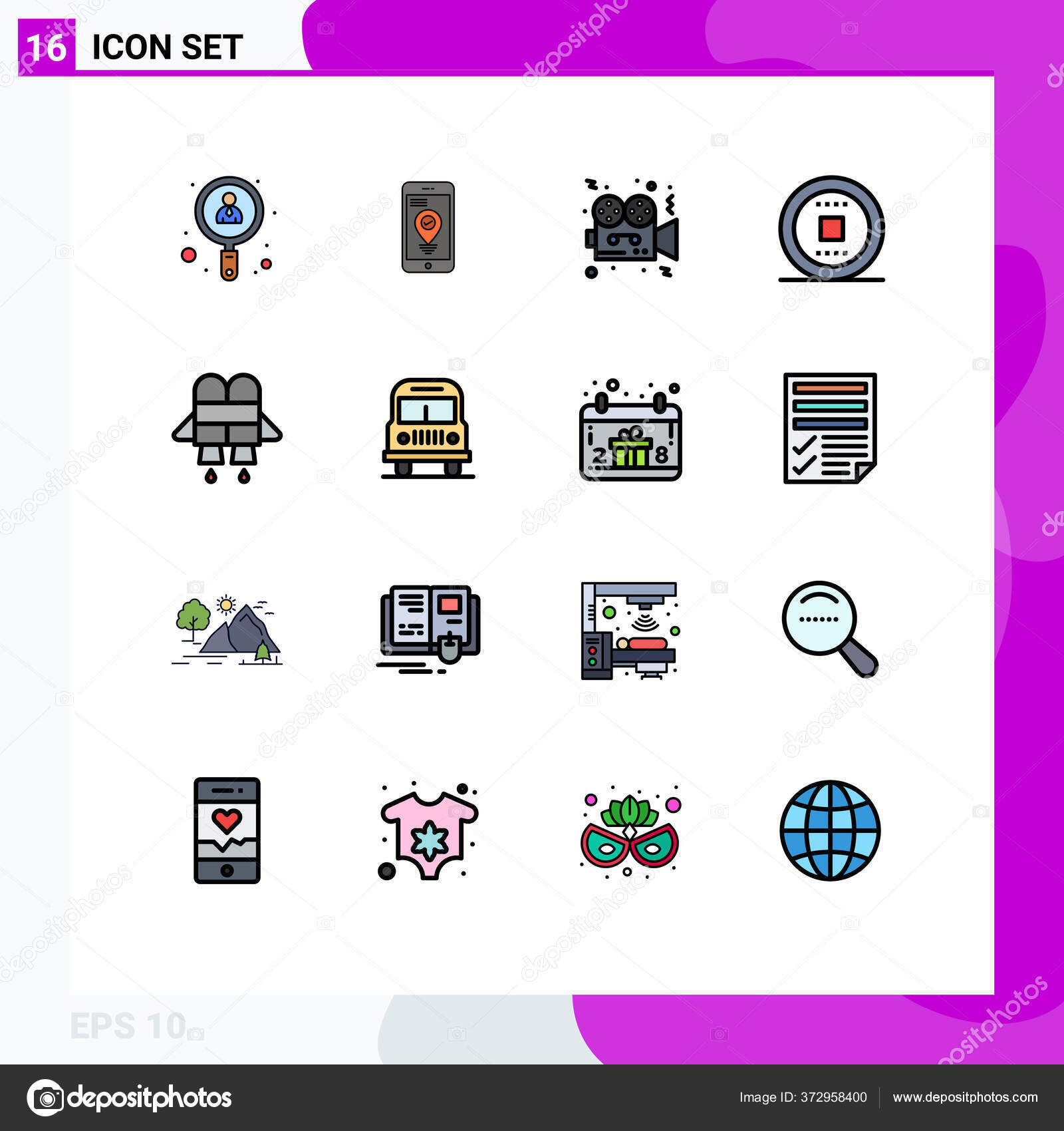 Universal Flat Color Filled Line Signs Symbols Jet Stop Movie Stock ...