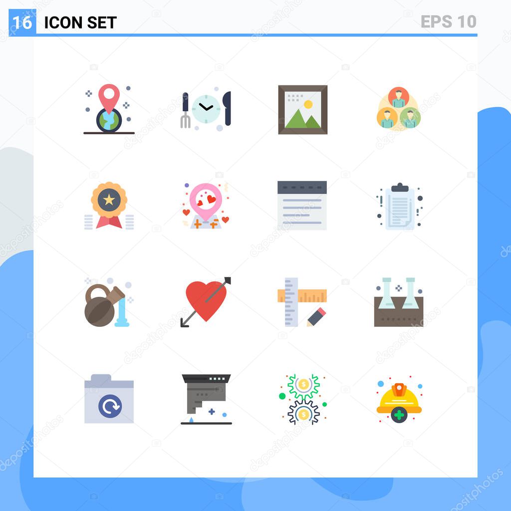 Conjunto moderno de 16 colores planos y símbolos como premio, círculo ...