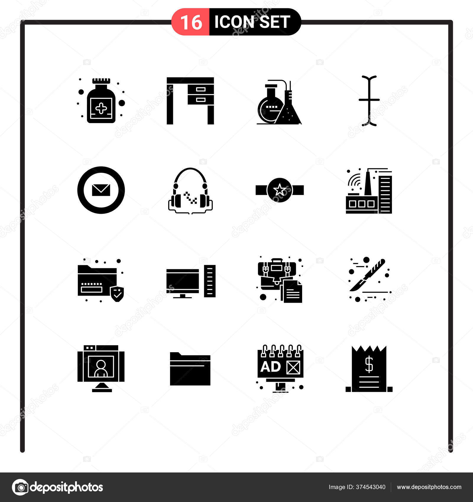 Thematic Vector Solid Glyphs Editable Symbols Stamps Ribbon Chemicals ...