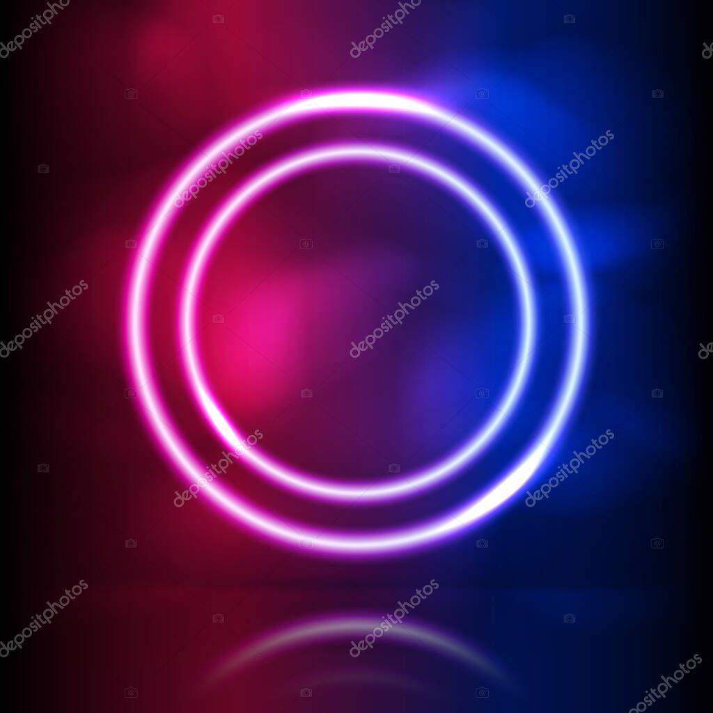 Marco redondo de neón brillante. Iluminación brillante y bucles de humo ...