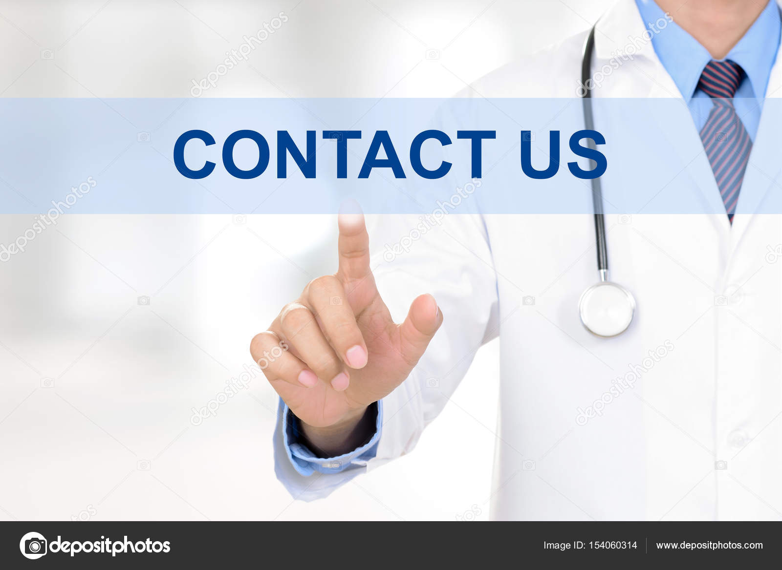 Doctor hand touching CONTACT US sign on virtual screen — Stock Photo ...