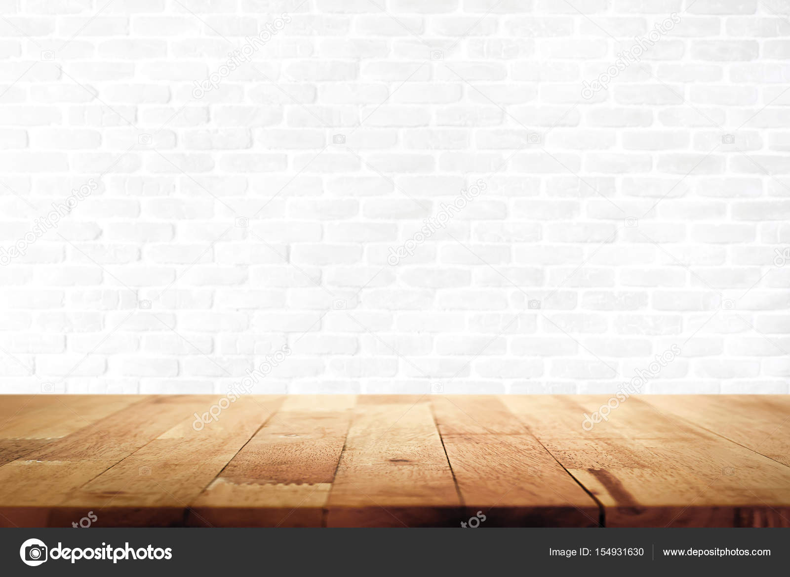 Wood table top on white brick wall background Stock Photo by ...