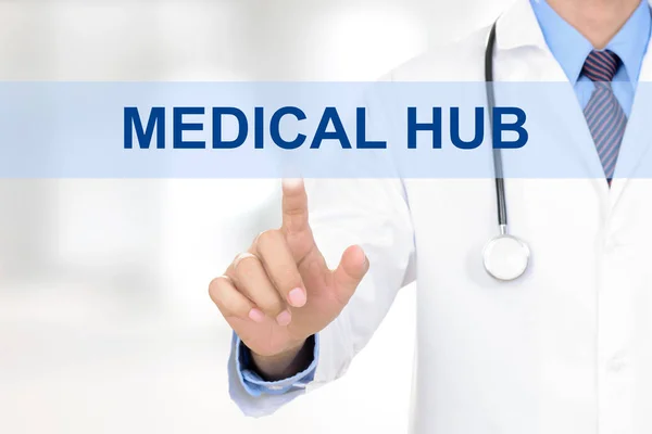 Doctor hand touching MEDICAL HUB sign on virtual screen - Stock Image - Everypixel