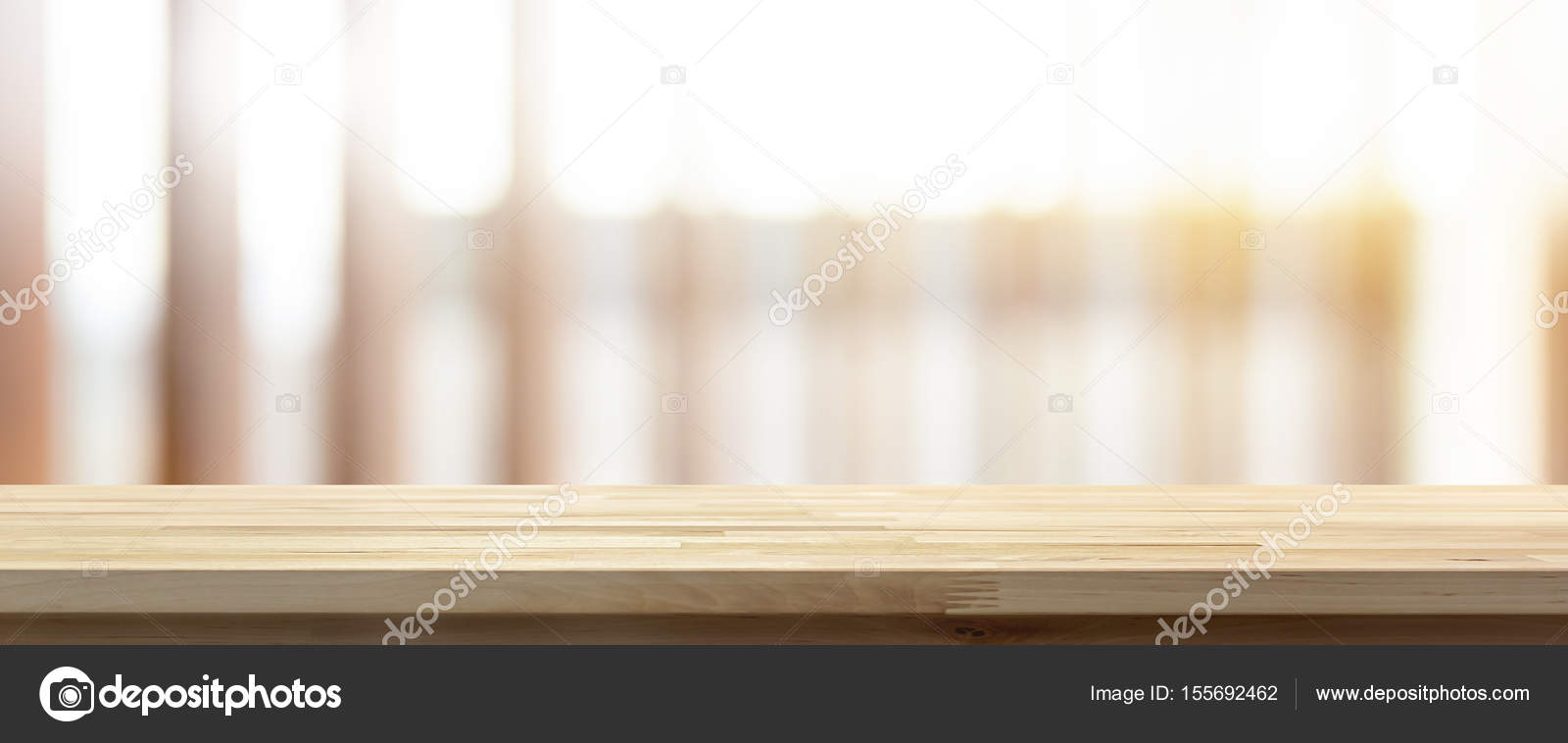 Table top on blur vertical wood slat background with sunlight Stock ...