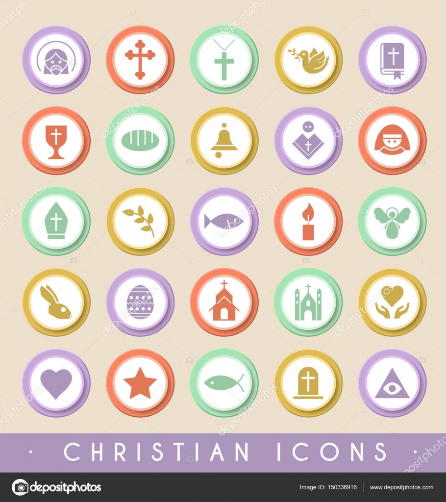 Set of Christian Icons on Circular Colored Buttons. Vector Isolated ...
