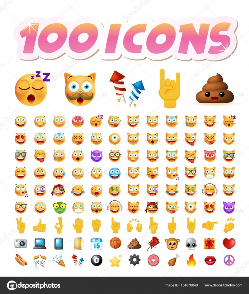 Set of 100 Cute Emoticons on White Background. Isolated Vector ...