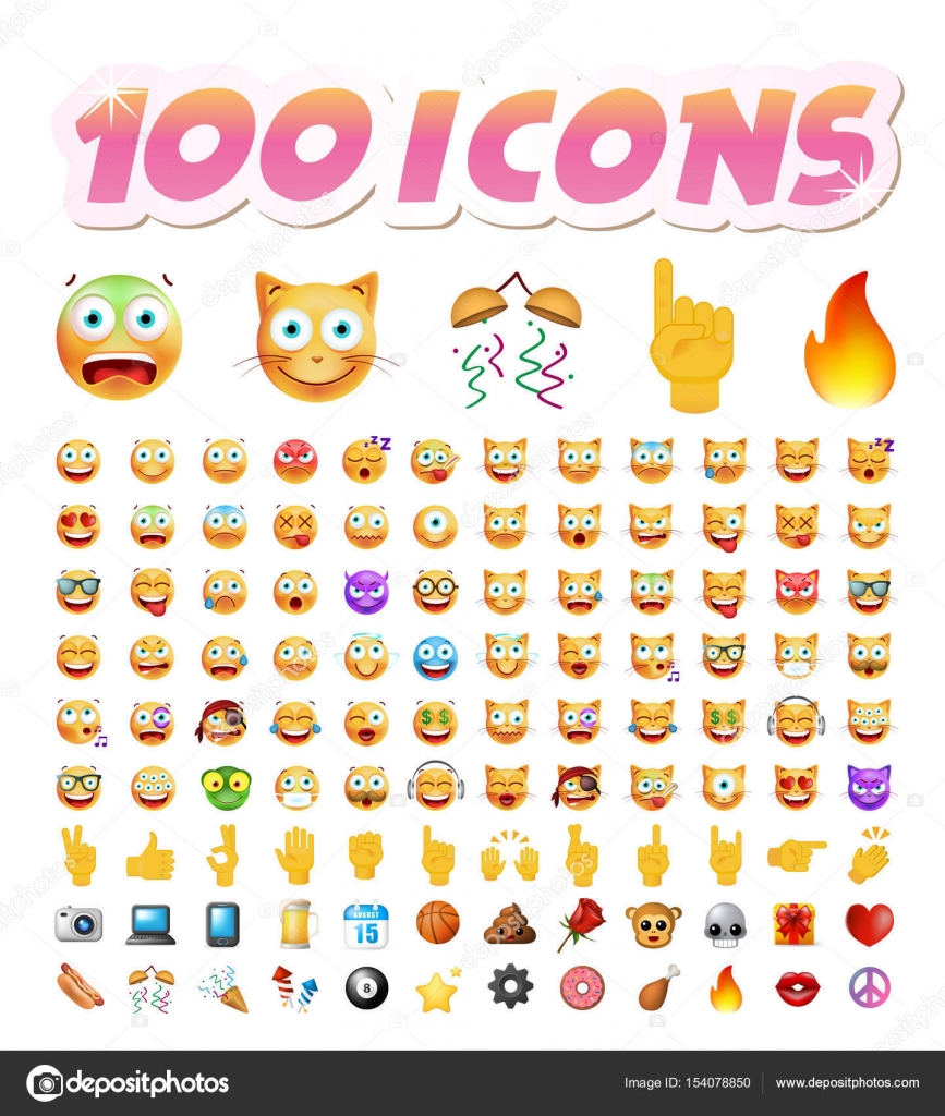 Set of 100 Cute Emoticons on White Background. Isolated Vector ...