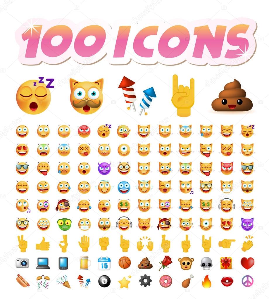 Conjunto de 100 Emoticones lindos sobre fondo blanco. Ilustración ...