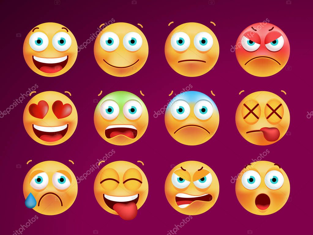 Conjunto de Emoticones lindos sobre fondo negro. Ilustración vectorial ...