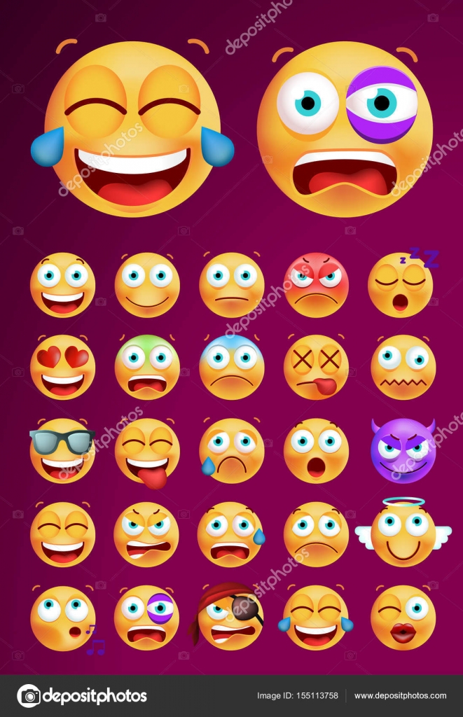 Conjunto de Emoticones lindos sobre fondo negro. Ilustración vectorial ...
