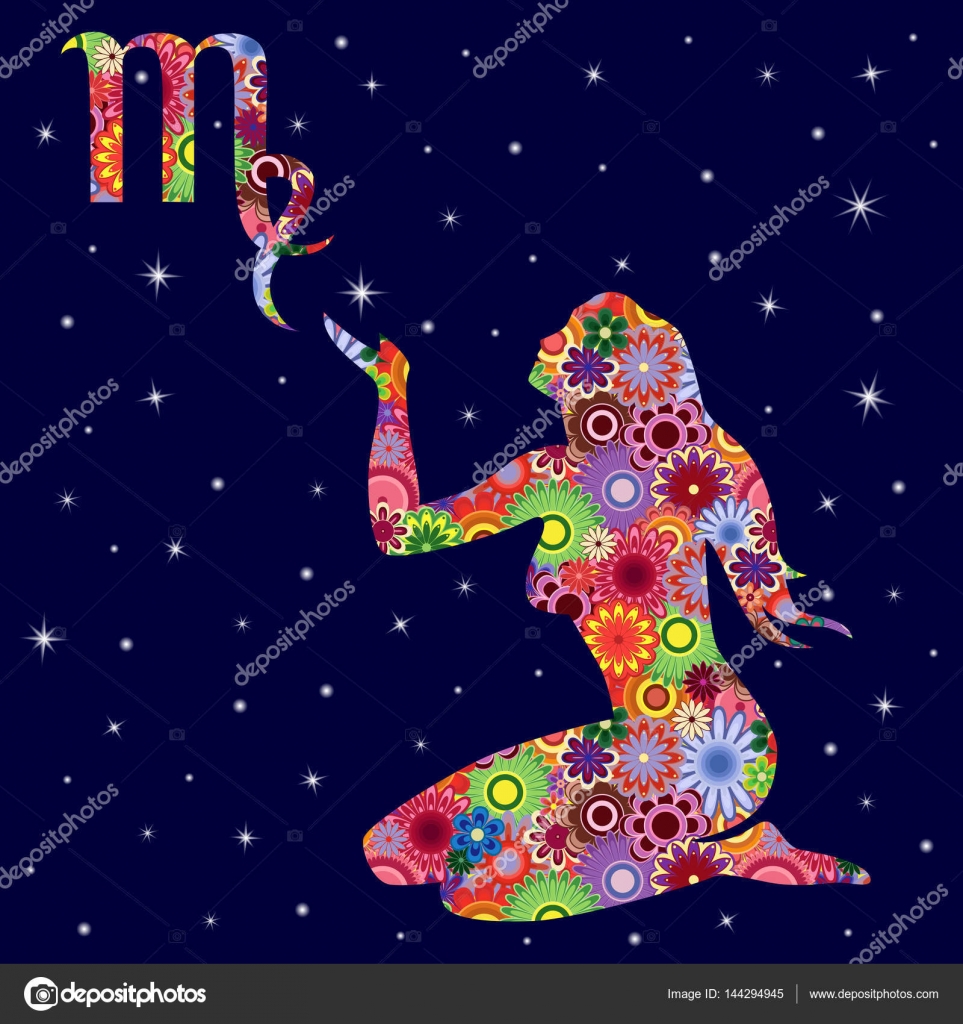 Zodiac Sign Virgo With Flowers Fill Over Starry Sky Stock Vector Image