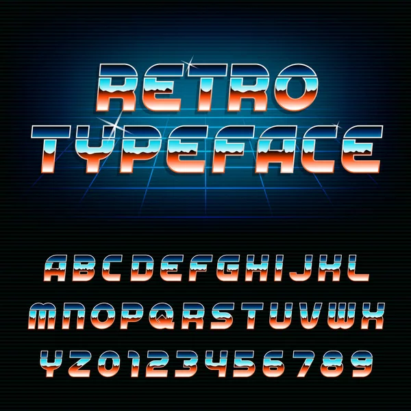 80's retro alphabet font. Metallic effect shiny letters and numbers ...