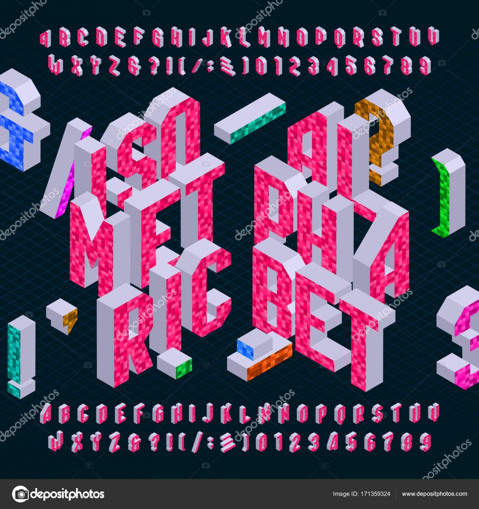 Isometric alphabet font. Bright type letters, numbers and symbols ...