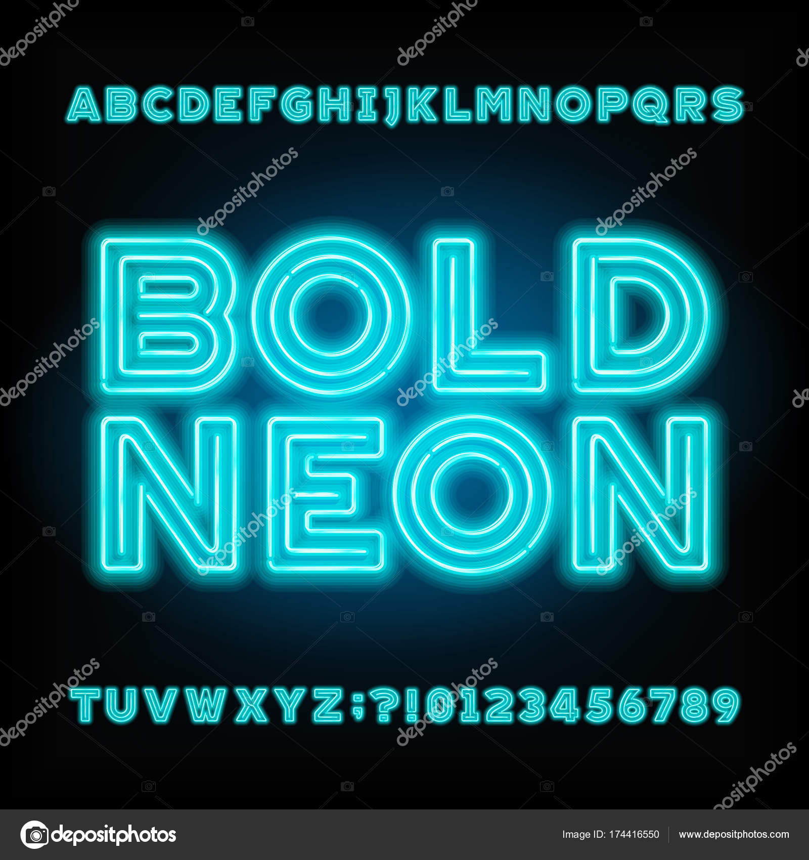 Blue neon tube alphabet font. Neon color bold letters and numbers ...