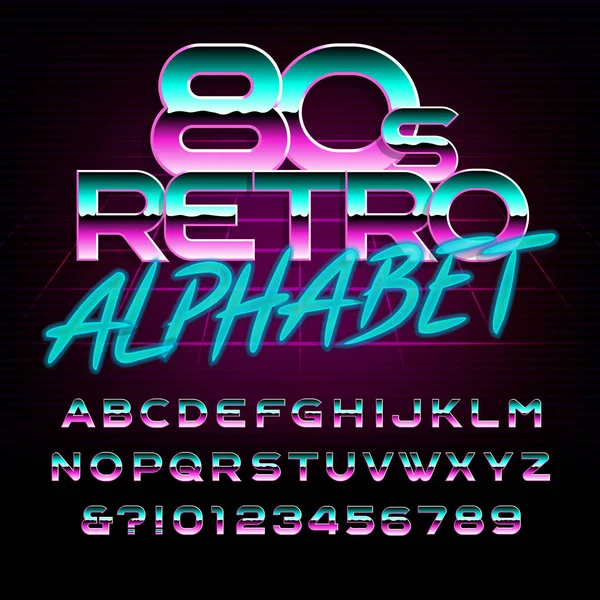 80's retro alphabet font. Metallic effect shiny letters and numbers ...