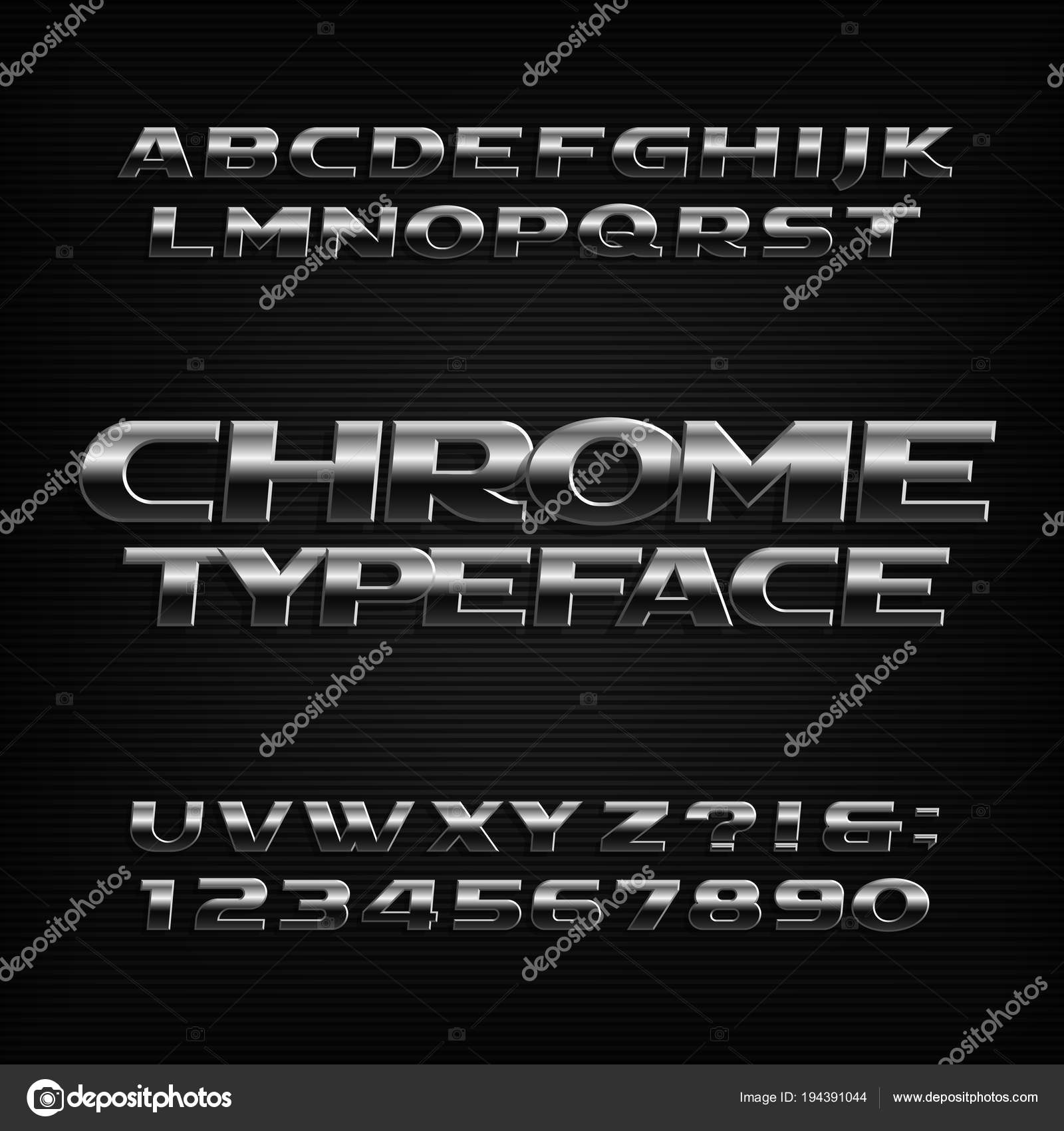 Chrome Alphabet Font Metallic Effect Oblique Letters Numbers Symbols ...