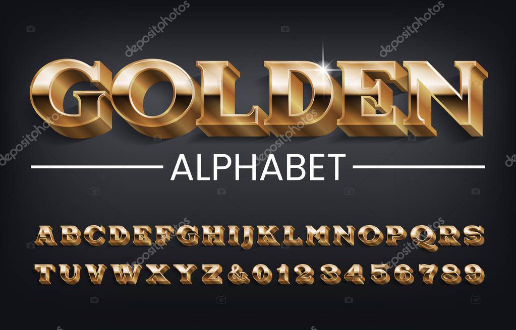 Fuente Golden Alphabet. Letras serif 3D y números con sombra sobre ...