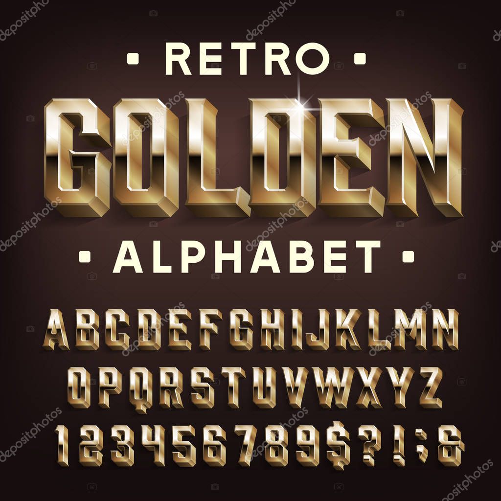 Retro Golden alphabet fuente. Efecto 3D de letras, números y símbolos ...