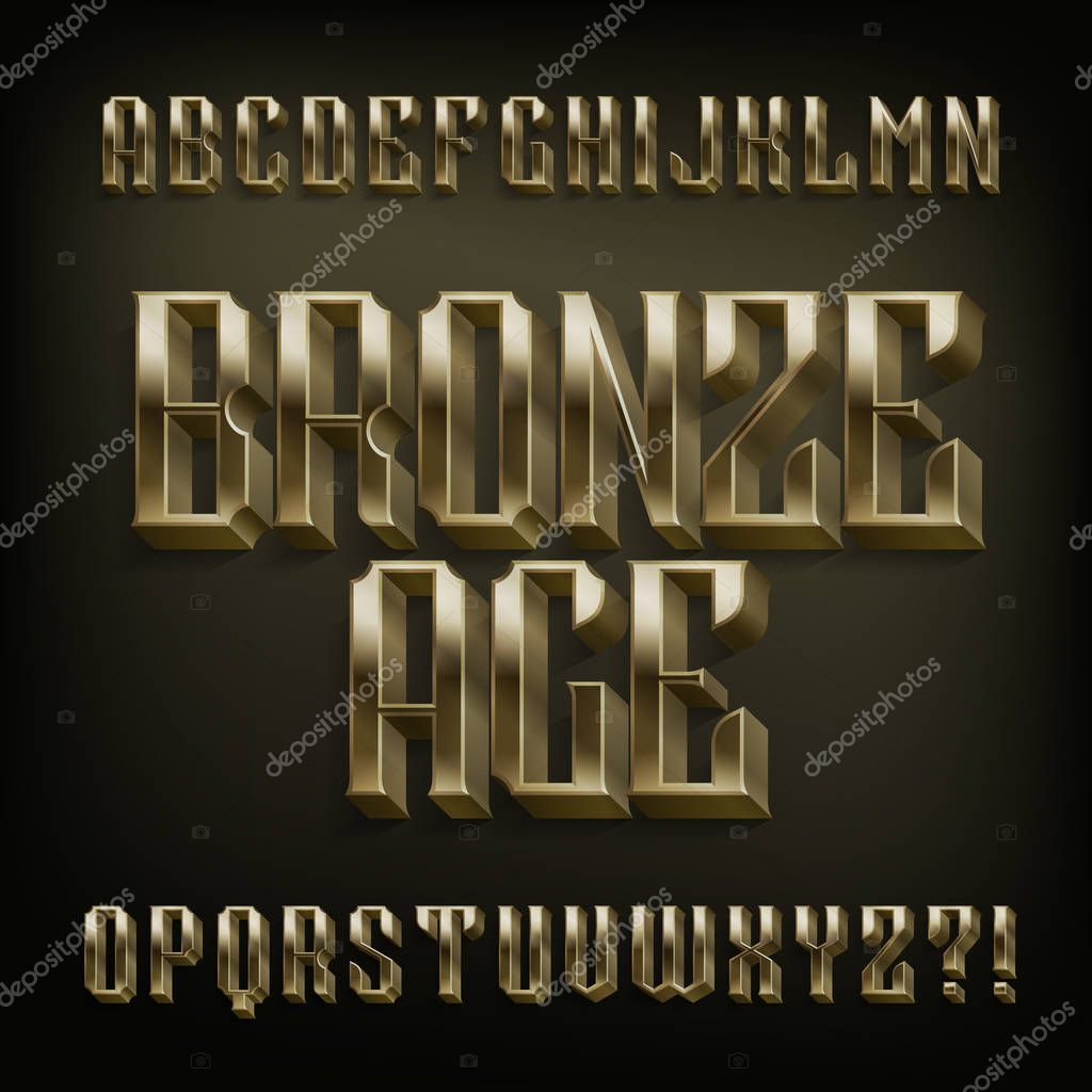 Fuente de alfabeto Bronze Age. Letras de metal vintage 3D. Tipo de ...
