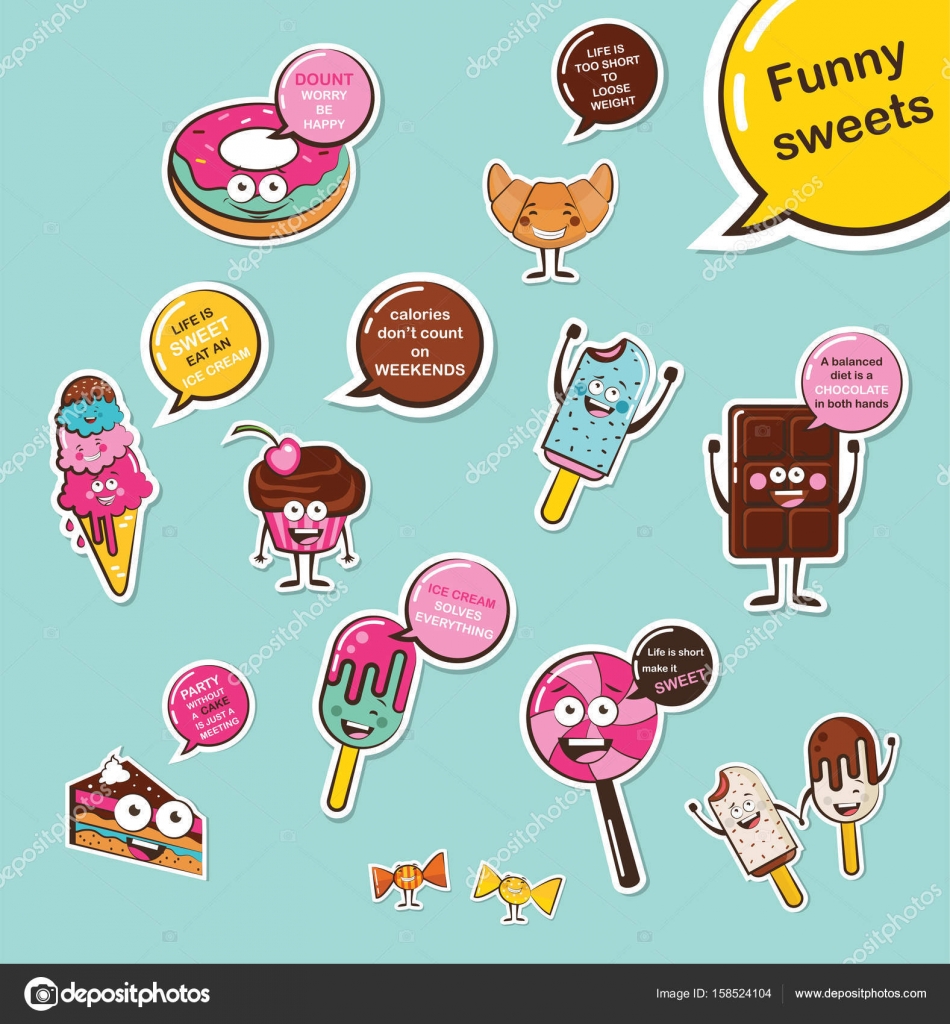 Set of funny sweets. Cartoon face food emoji. Funny food concept. Stock ...