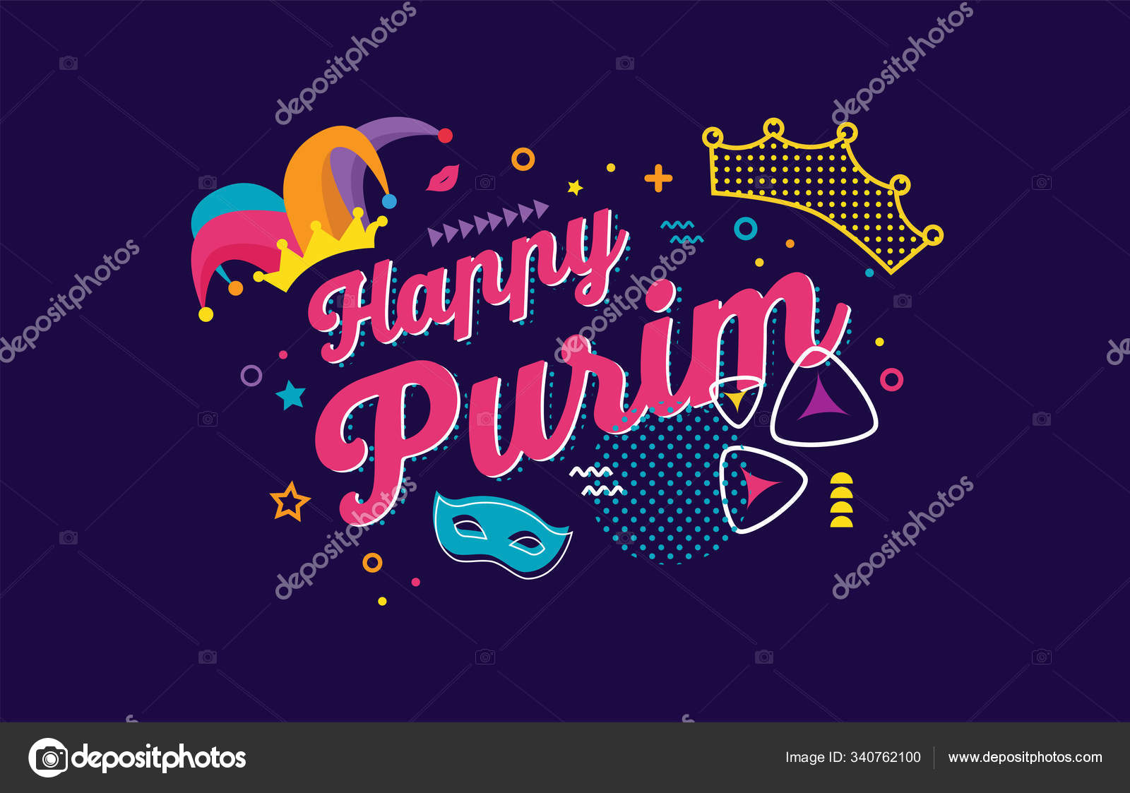 Happy Purim. Jewish holiday background and Carnival funfair banner with ...