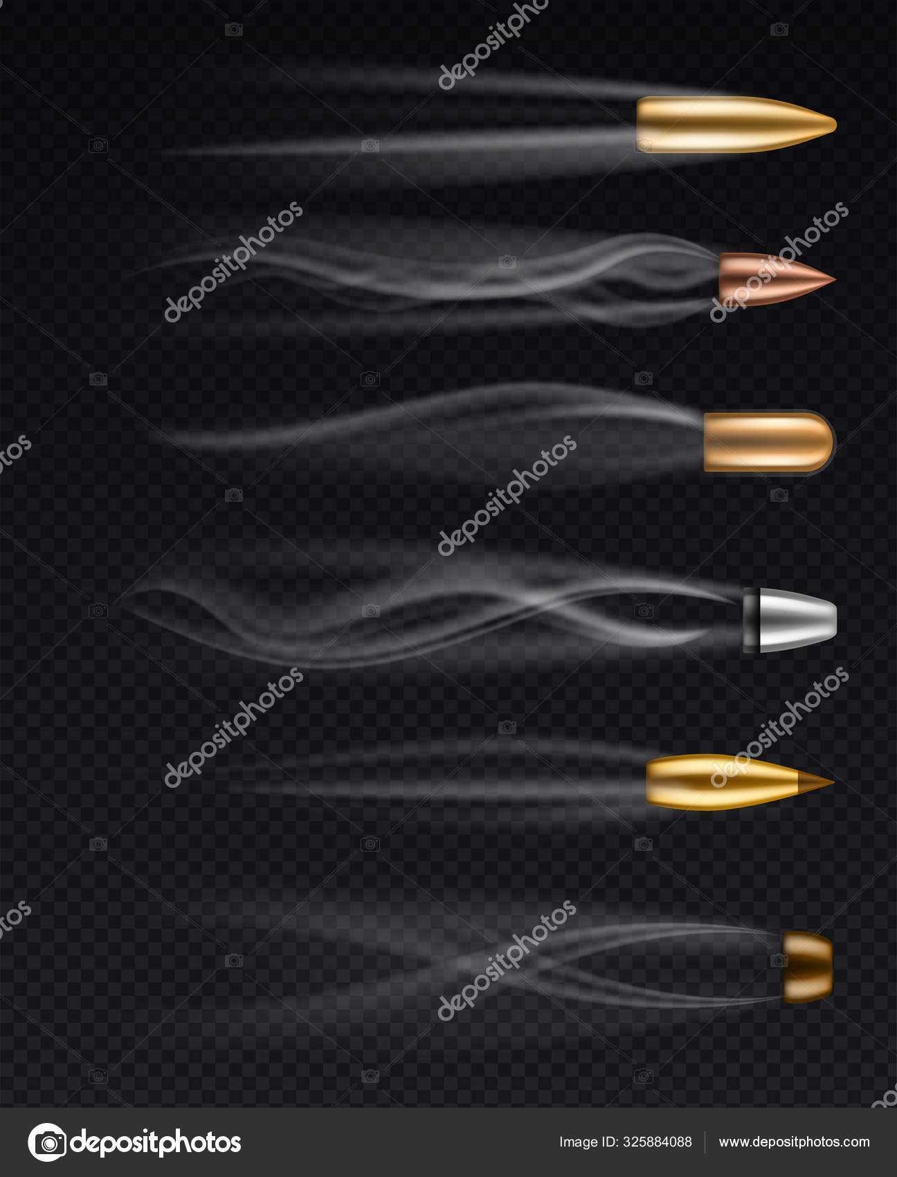Flying bullets. Realistic different fired bullet in motion with smoke ...