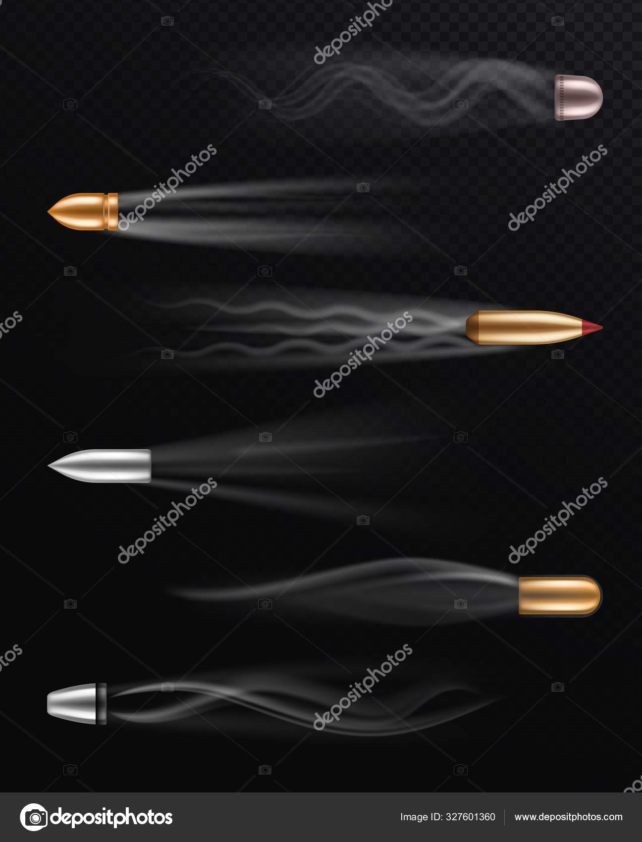 Realistic flying bullet. Fired bullets in motion with smoke trace ...