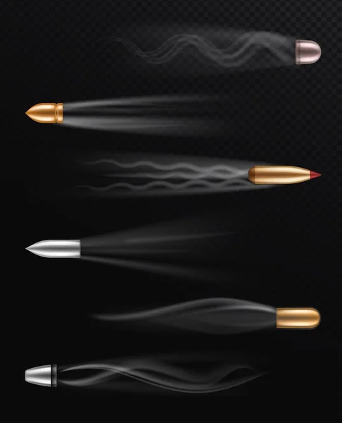 Flying bullets. Realistic different fired bullet in motion with smoke ...