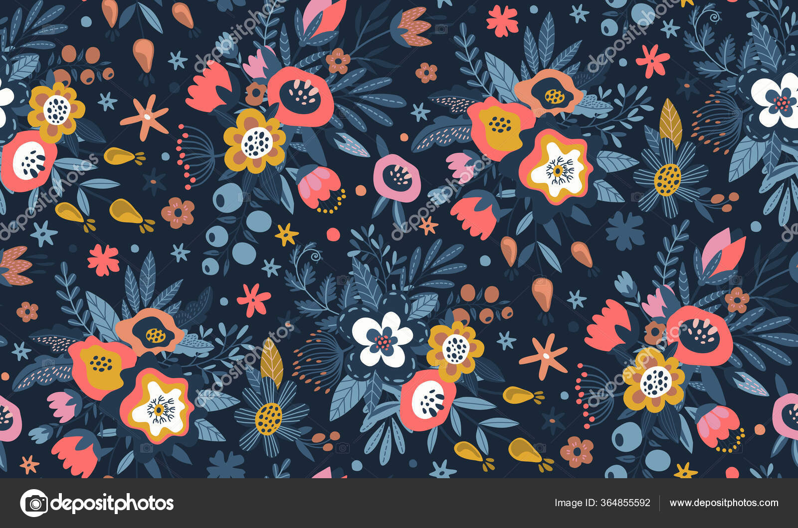 Vector colorful natural seamless pattern with flowers and leaves ...