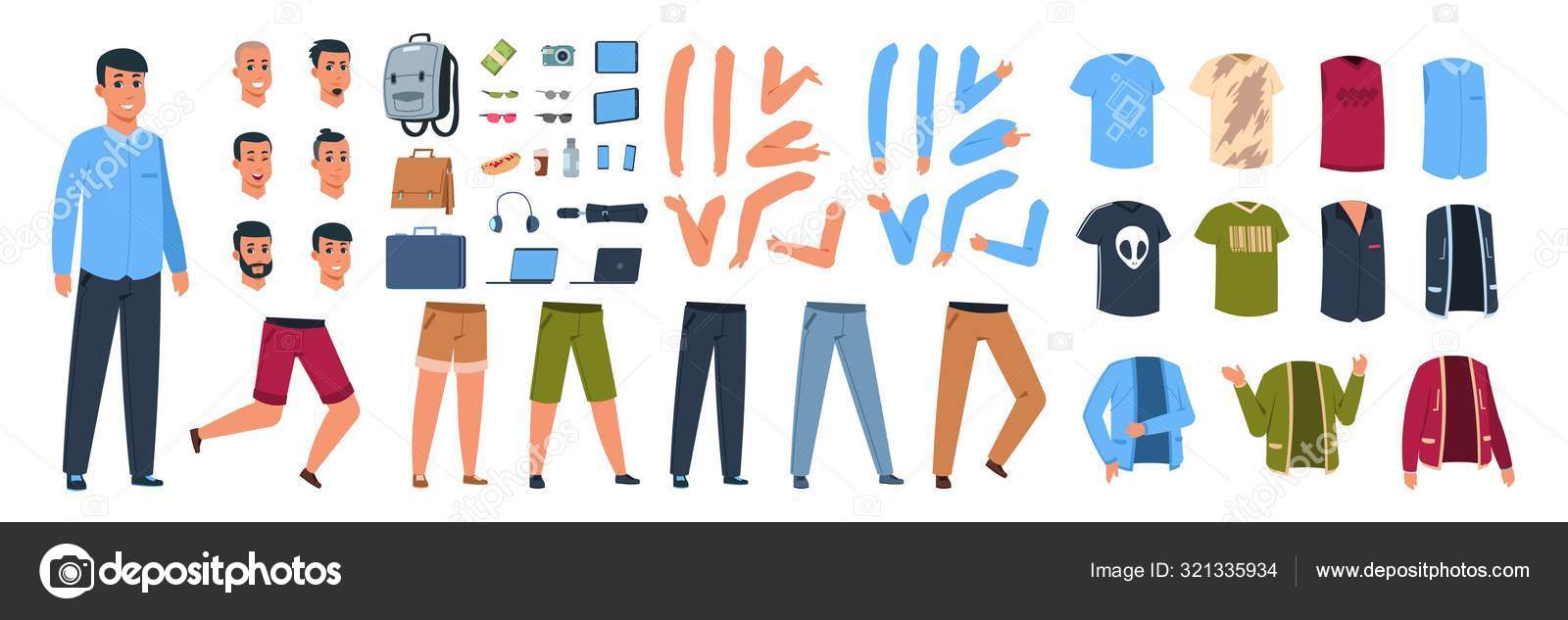 Male character constructor. Cartoon guy with set of different clothes ...